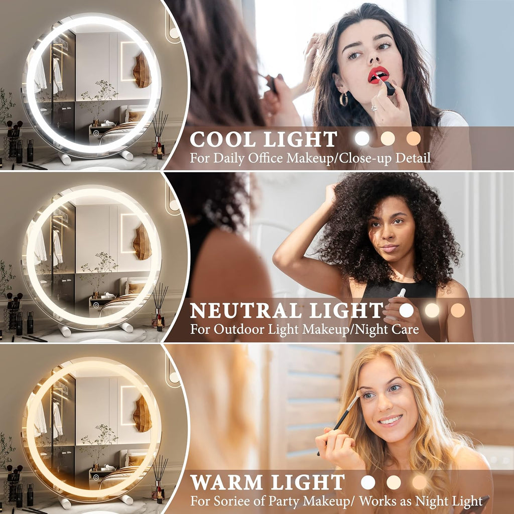 Round LED Vanity Mirror 50cm/20" Large for Bedroom Table, Smart Touch ...